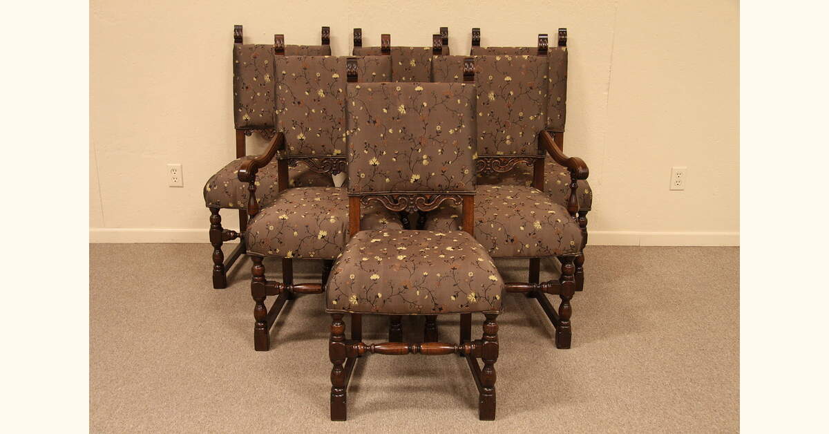 English Tudor Set of 6 Upholstered Dining Chairs
