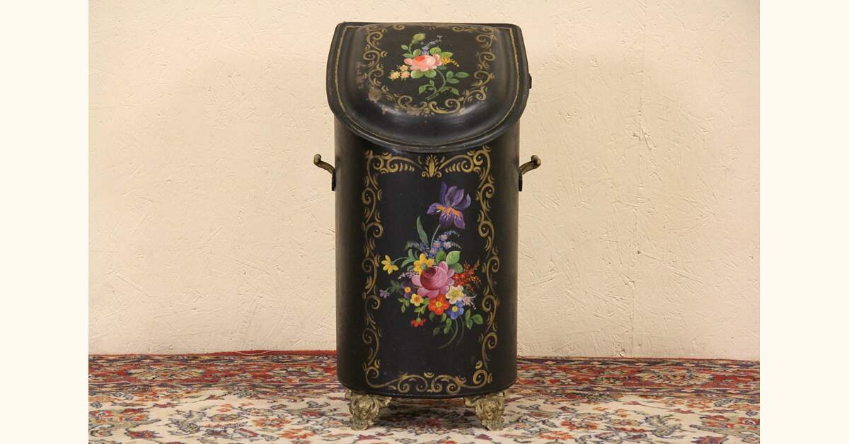 Fireplace Hand Painted Antique Coal Caddy or Hod, Signed Jewett Pat. 1872