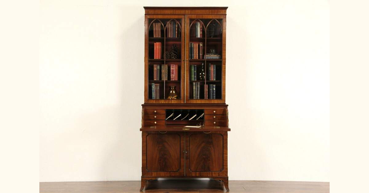 English Butler 1880 Antique Secretary Desk, Bookcase, Wavy Glass ...
