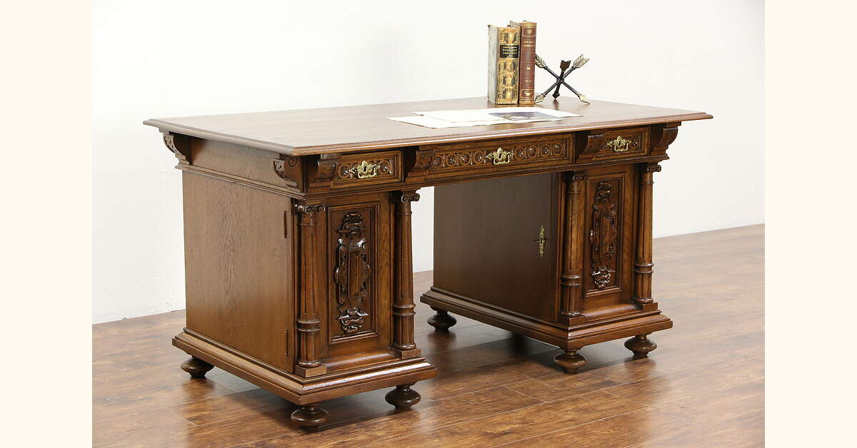 Oak Renaissance Hand Carved Antique 1900 Library Desk, Scandinavia