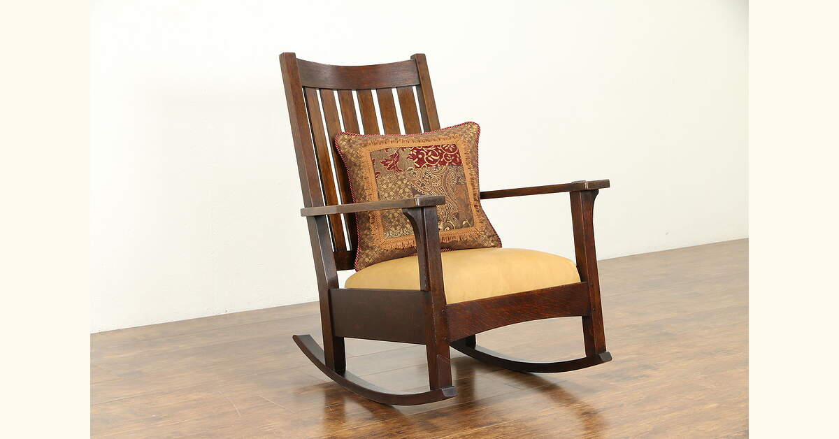 Art & Crafts Mission Oak Antique Craftsman Rocker, Leather, L&JG Stickley