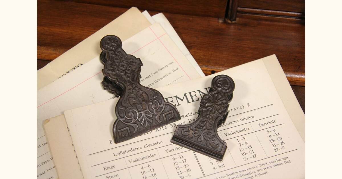 Pair Victorian 1870 Antique Iron Wall or Desk Paper Clips, 2 Sizes