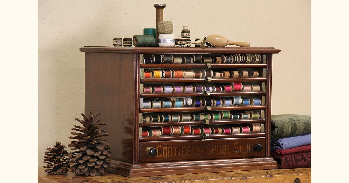 Corticelli Silk Thread 6 Drawer 1880 Spool Cabinet, Jewelry Chest