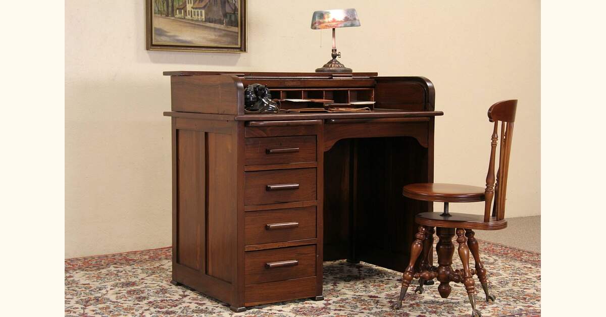 Railroad Roll Top 1880's Antique Desk, Stand Up Or Stool Height