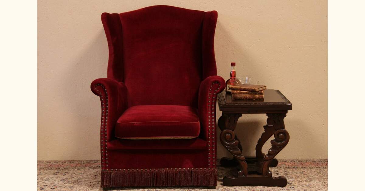 Red Velvet 1940 Wing Chair, Tapestry Cushion