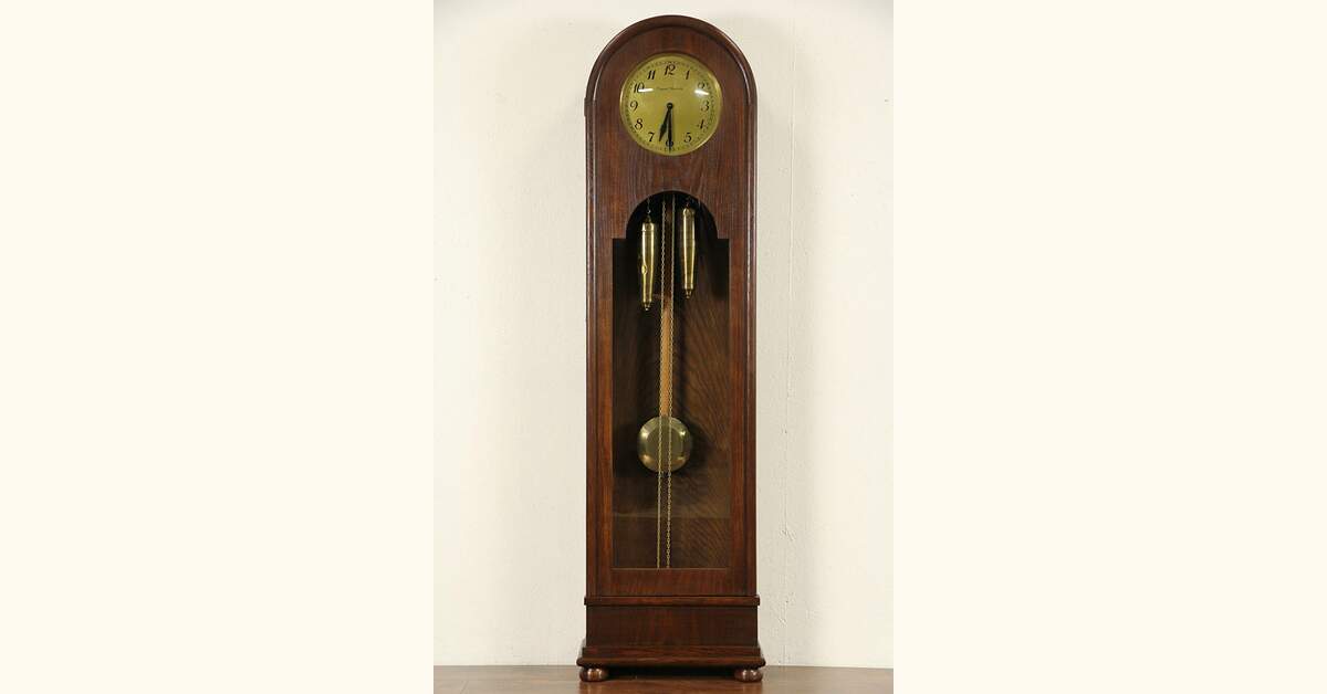 German Signed 1920 Antique Oak Grandfather Long Case Clock