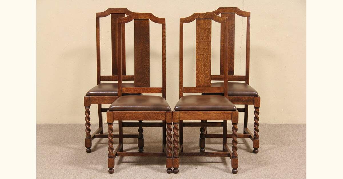 Set of 4 Oak Dining Chairs, Leather Seat, Spiral Columns