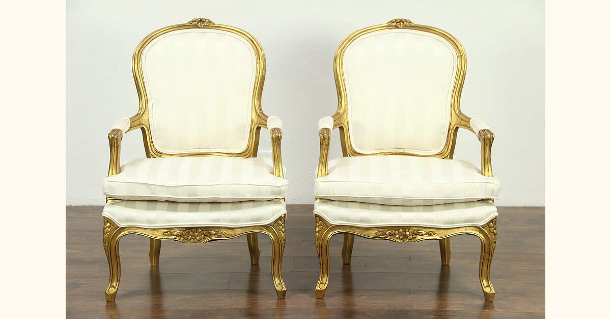 Pair of Carved French Style Chairs, Deep Gold Finish