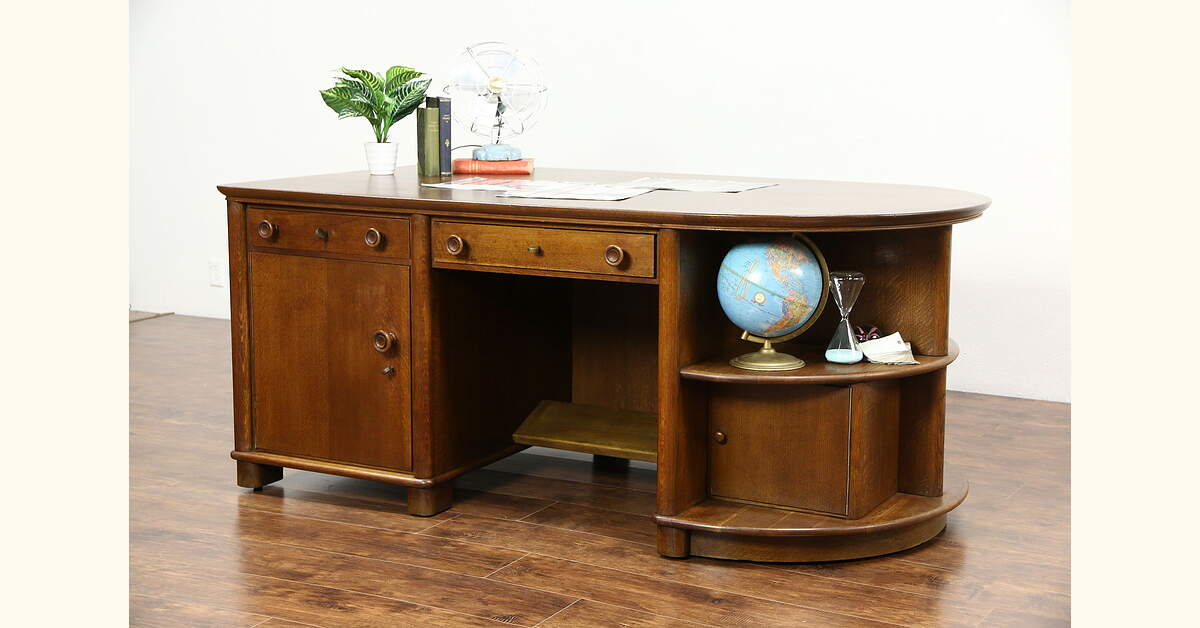 Art Deco Oak Antique Scandinavian 1920 Library Desk with Bookshelves