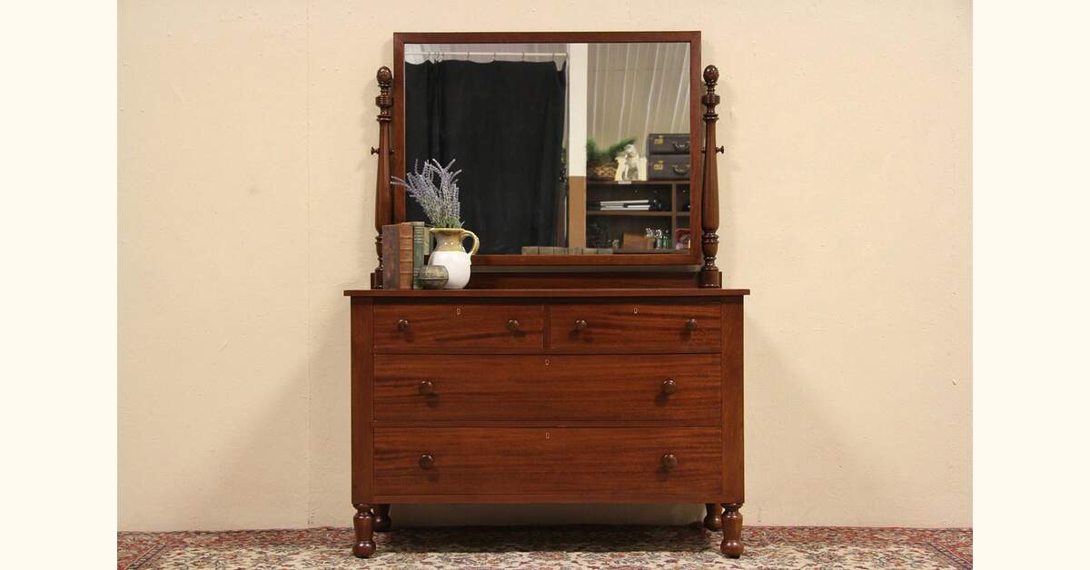 Cowan 1900 Antique Mahogany Chest or Dresser, Swivel Mirror