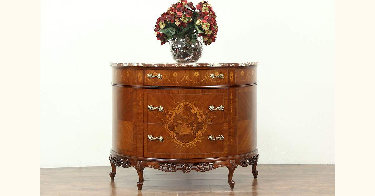 Demilune Half Round Marble Top Console Chest or Cabinet, Marquetry Scene
