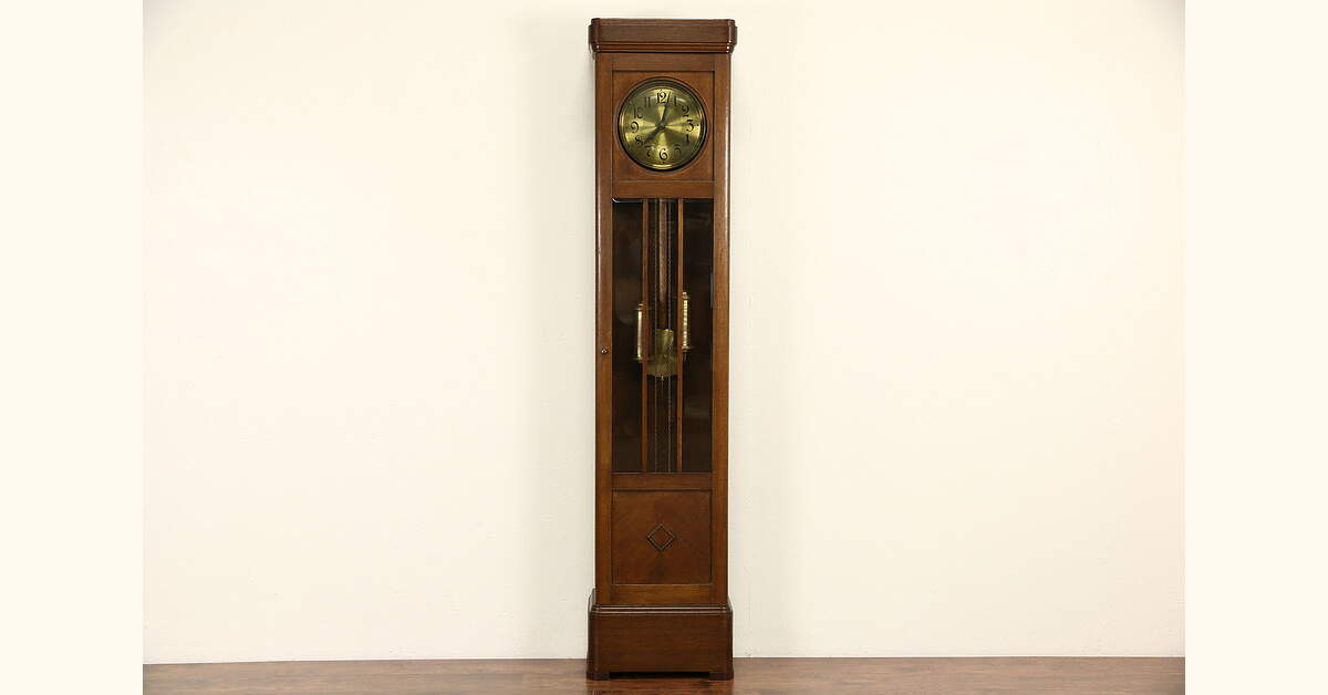 Oak 1900 Antique German Grandfather Tall Case Clock, Beveled Glass