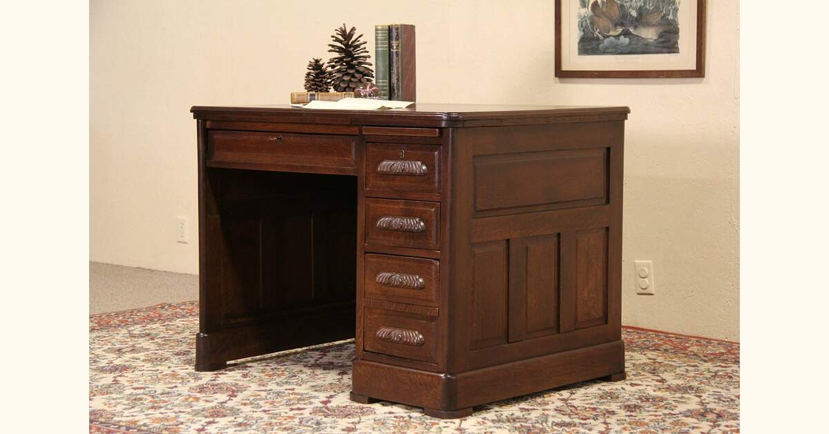 Oak 1900 Antique Library Desk, Raised Panels