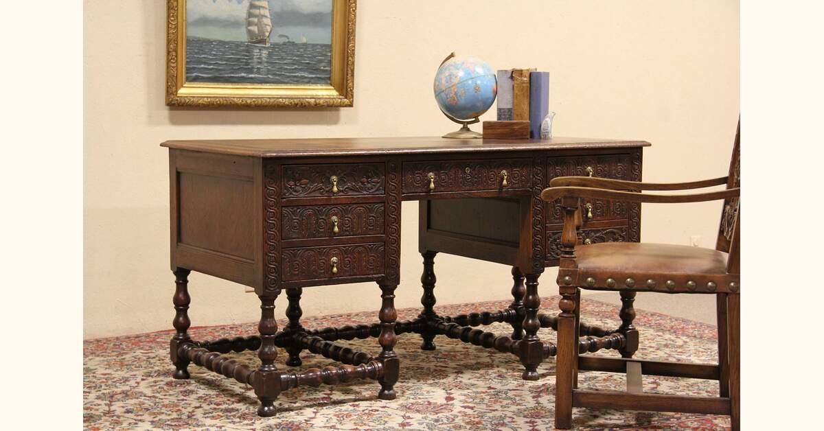English Renaissance 1890 Antique Carved Oak & Leather Desk