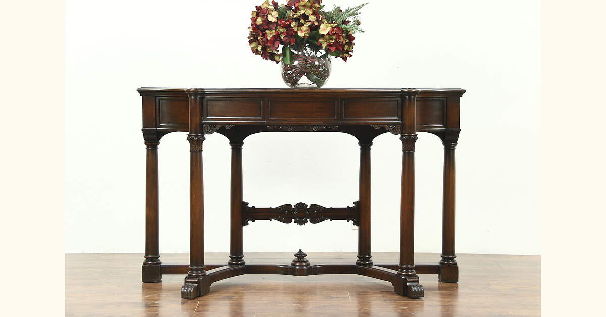 Classical Walnut Hall Console Table, 1940 Vintage Signed Karpen, Carved ...