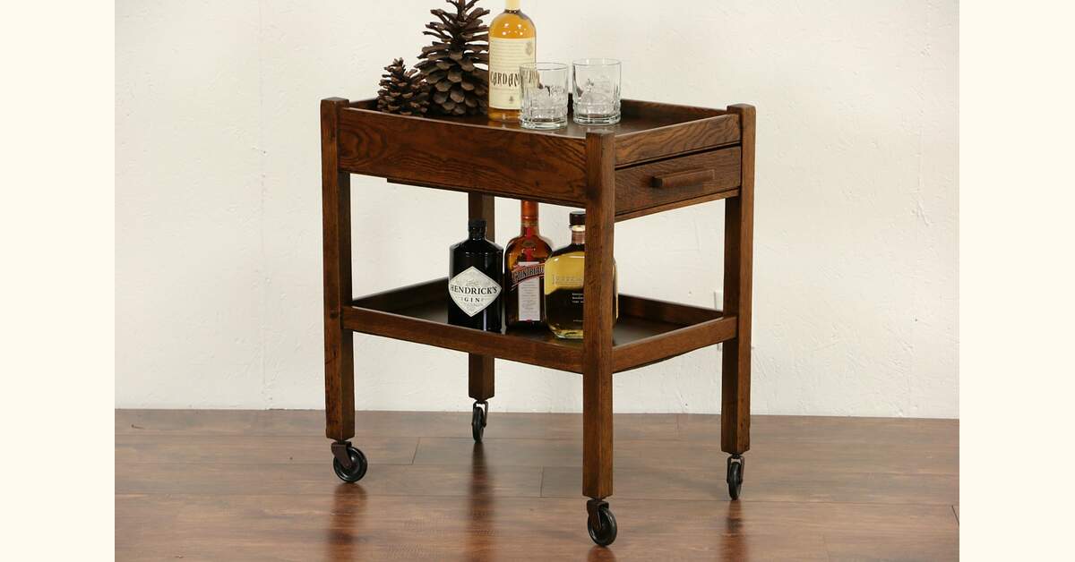 Arts & Crafts Mission Oak 1910 Antique Tea or Beverage Trolley, Dessert ...