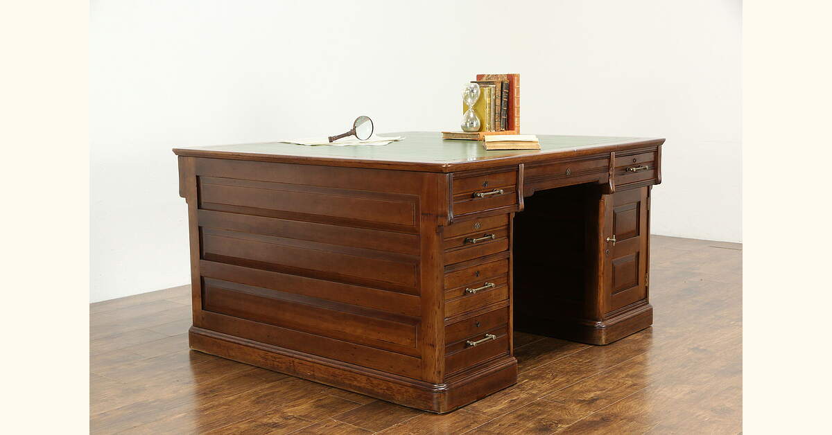 Victorian Cherry Antique Partner Library Desk, Raised Panels, Leather Top