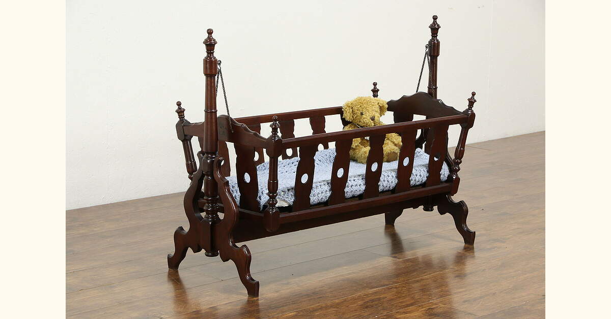 Victorian Antique Carved Walnut Baby Rocking Cradle