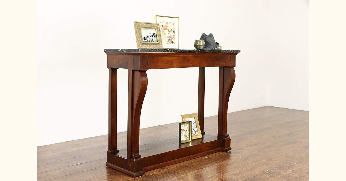 Empire Antique Walnut Hall Console Table or Server, Fossil Marble Top