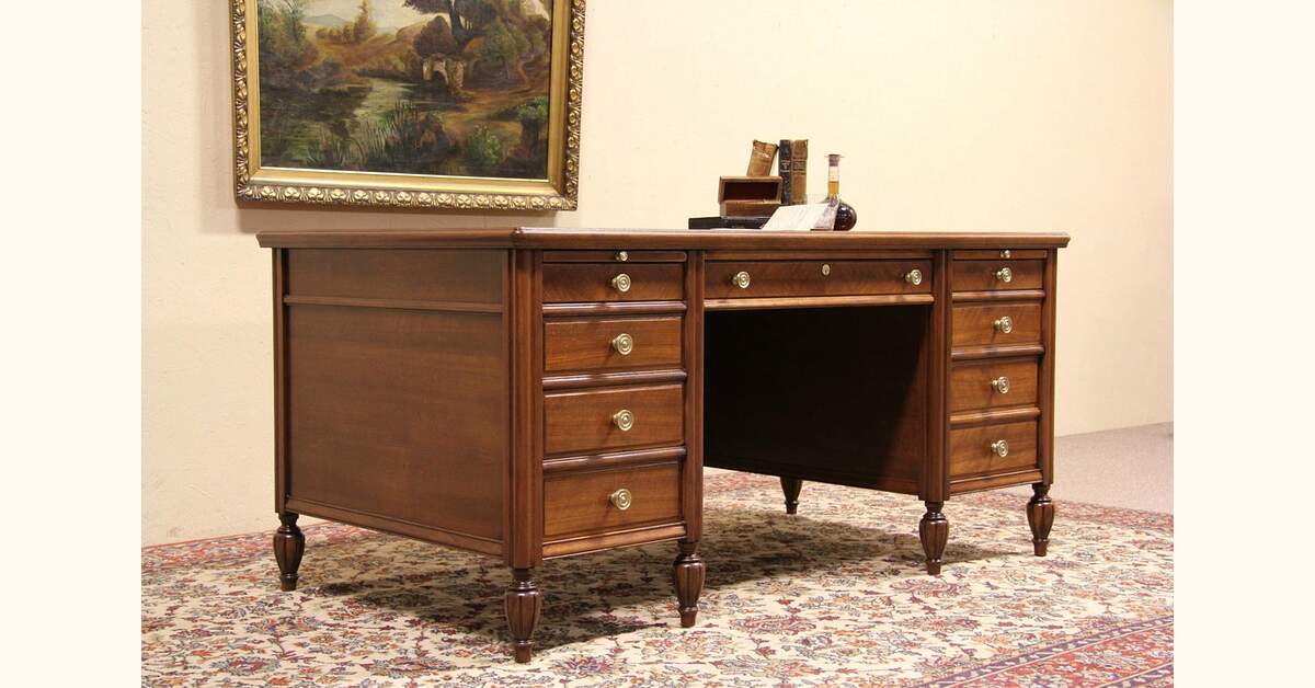 Walnut 1925 Antique Executive Desk, Bronze Pulls