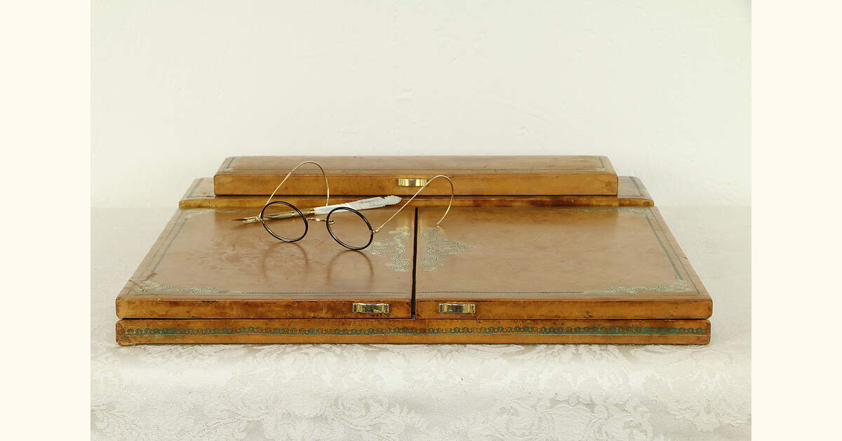 Italian Vintage Tooled & Painted Leather Library Desk Folio, Signed