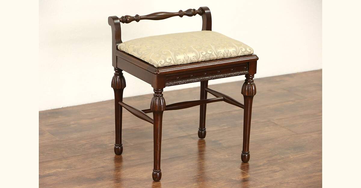 Vanity Bench, 1920's Maple Antique, New Upholstery
