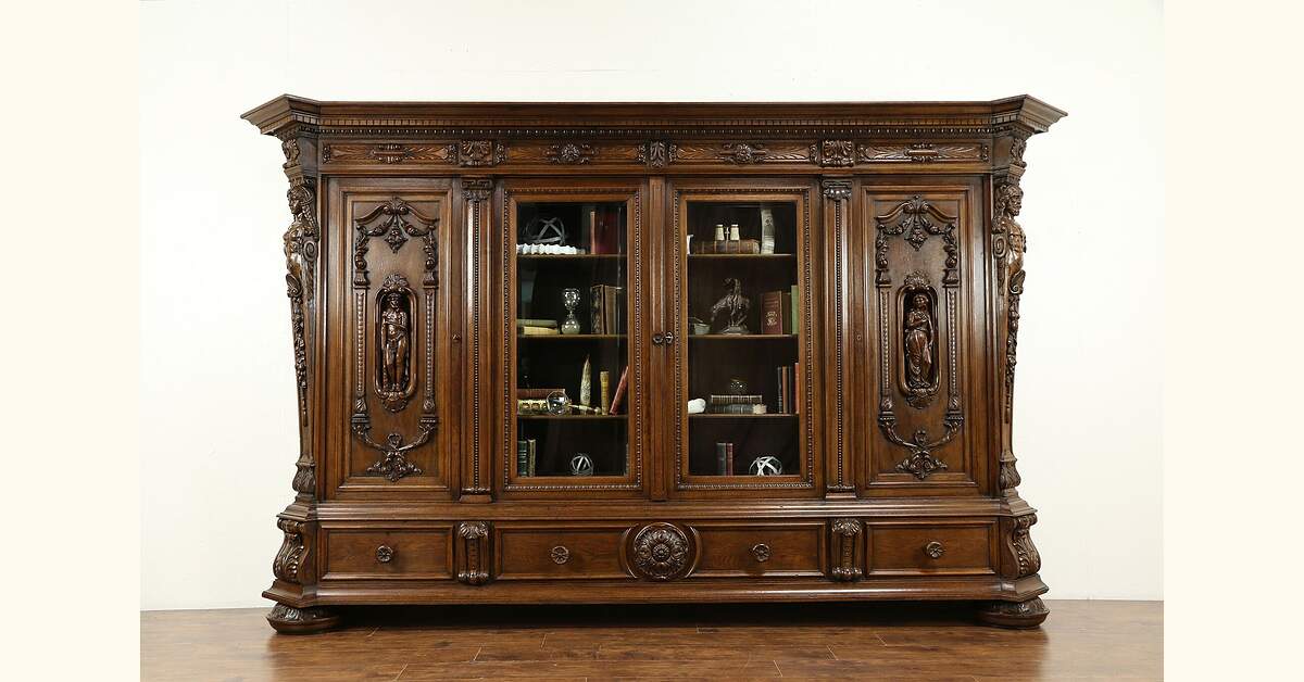 Oak Antique German Monumental 11' 4" Library Bookcase, Carved Figures