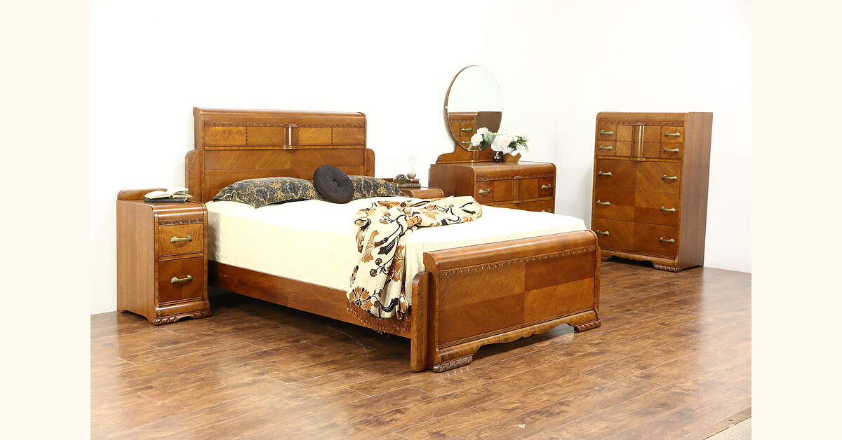 Art Deco Waterfall 5 Pc. Vintage Bedroom Set, Queen Size Bed, Signed Lenoir