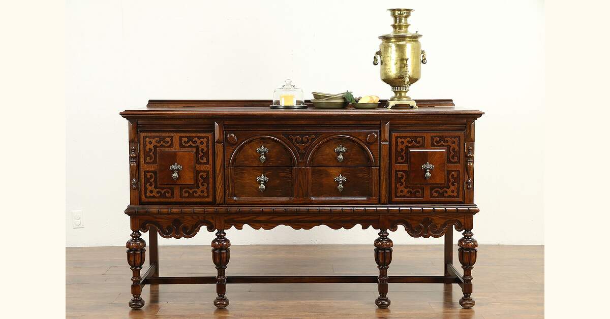 English Tudor Style Antique Oak & Walnut Sideboard, Server or Buffet