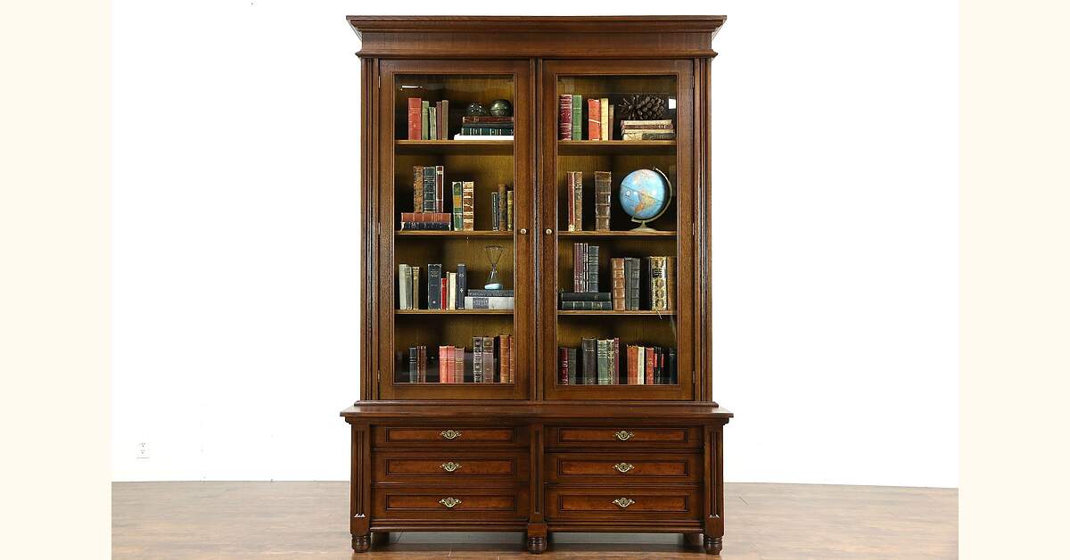 Oak 1900 Antique German Library Bookcase, Beveled Glass, Adjustable Shelves