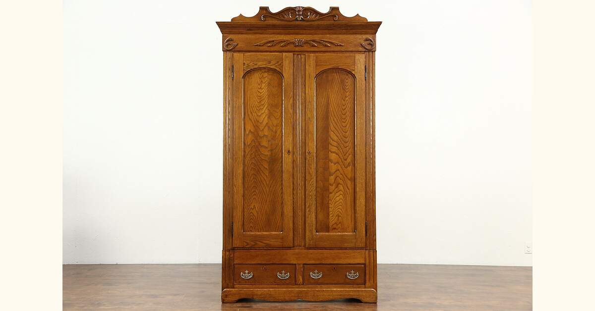 Oak Carved Victorian 1895 Antique Armoire, Wardrobe or Closet