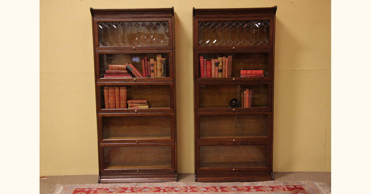 Pair of "Gunn" Oak Lawyer's Bookcases w Leaded Glass