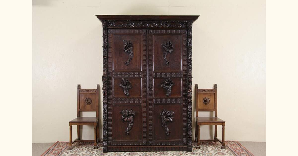 Renaissance Oak Antique 1870 French Armoire Cabinet, Carved Angels ...