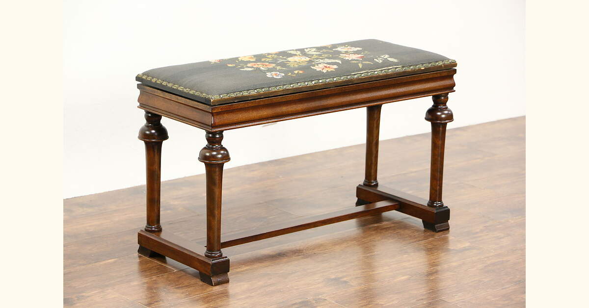 English Tudor 1915 Antique Piano Bench, Needlepoint Upholstery