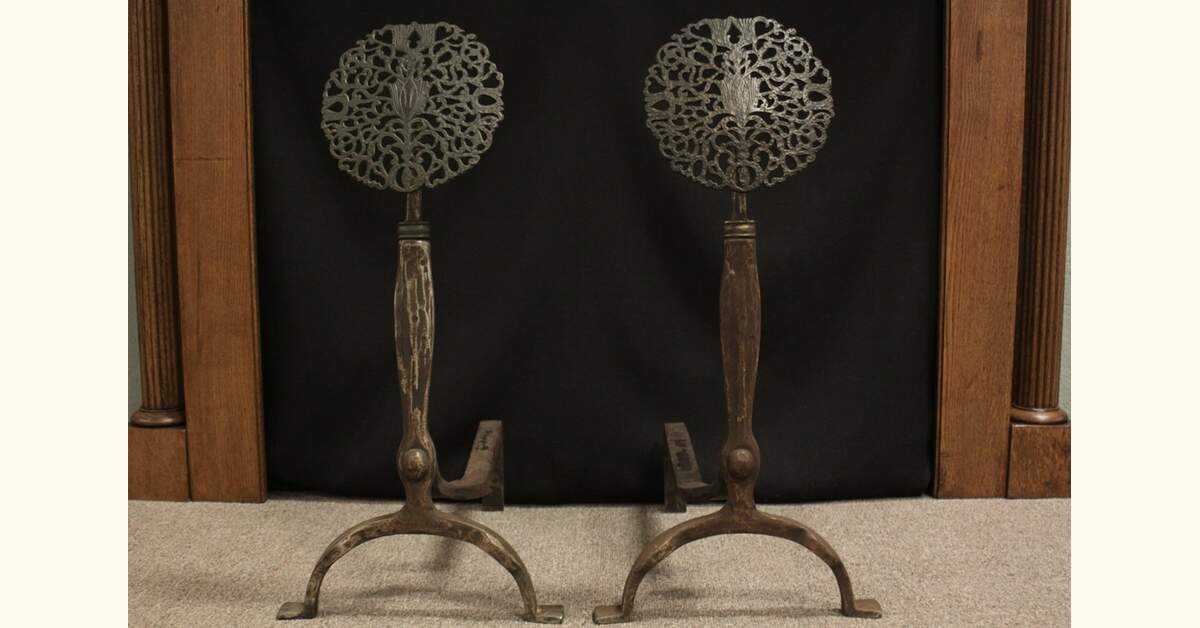 Pair Antique Hand Wrought Iron & Bronze Fireplace Andirons
