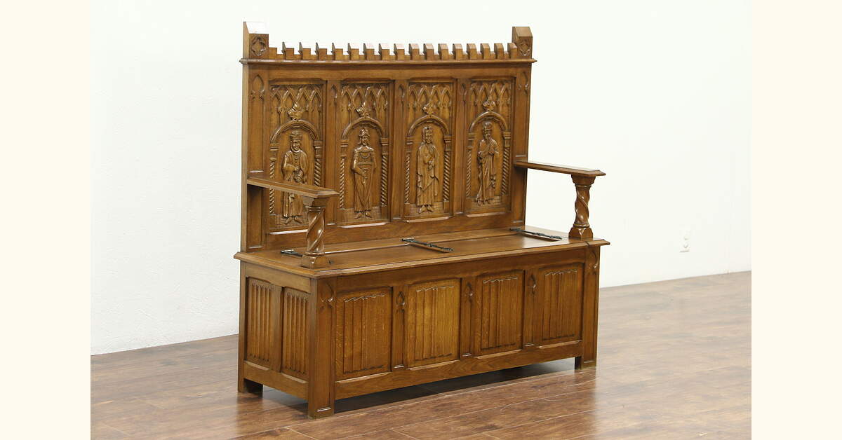 Gothic Oak Vintage Hall Bench with Storage, Carved Medieval Figures ...