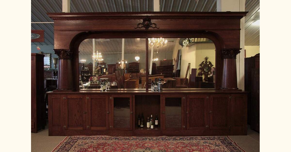 Victorian 1908 Oak 16' Back Bar, Columns & Mirrors