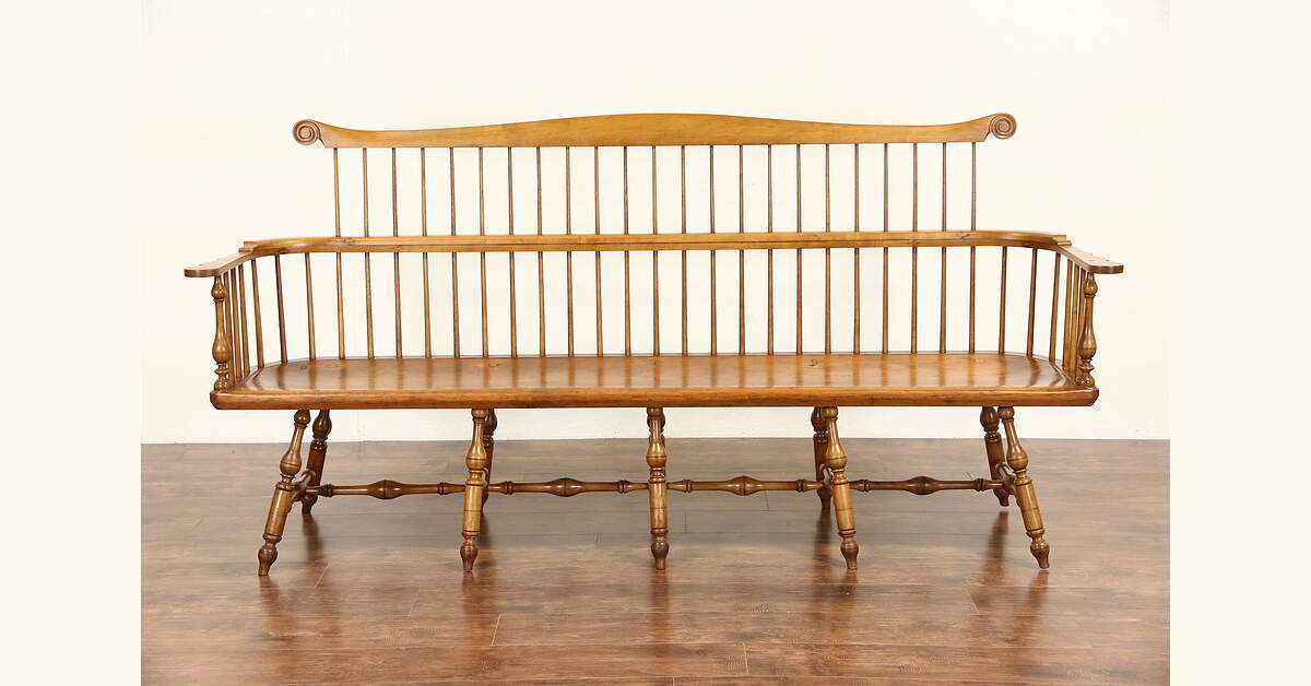 Country Pine 1850's Antique Windsor Comb Back 87" Hall or Deacon Bench