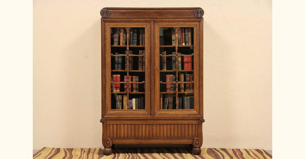 Carved Oak 1920 German Bookcase, Glass Doors
