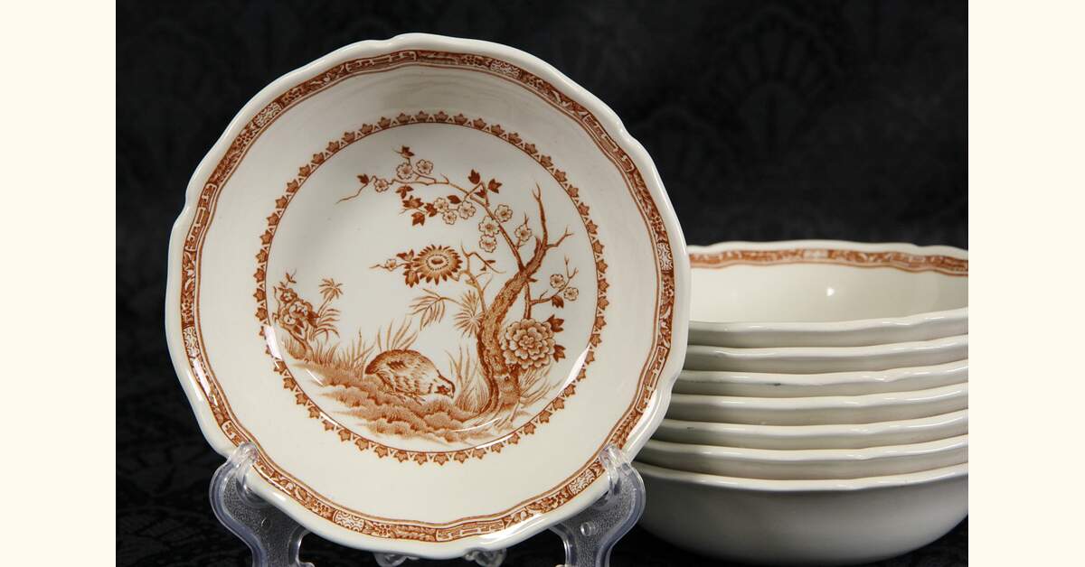 Furnivals 1913 Brown Quail China 8 Cereal Bowls