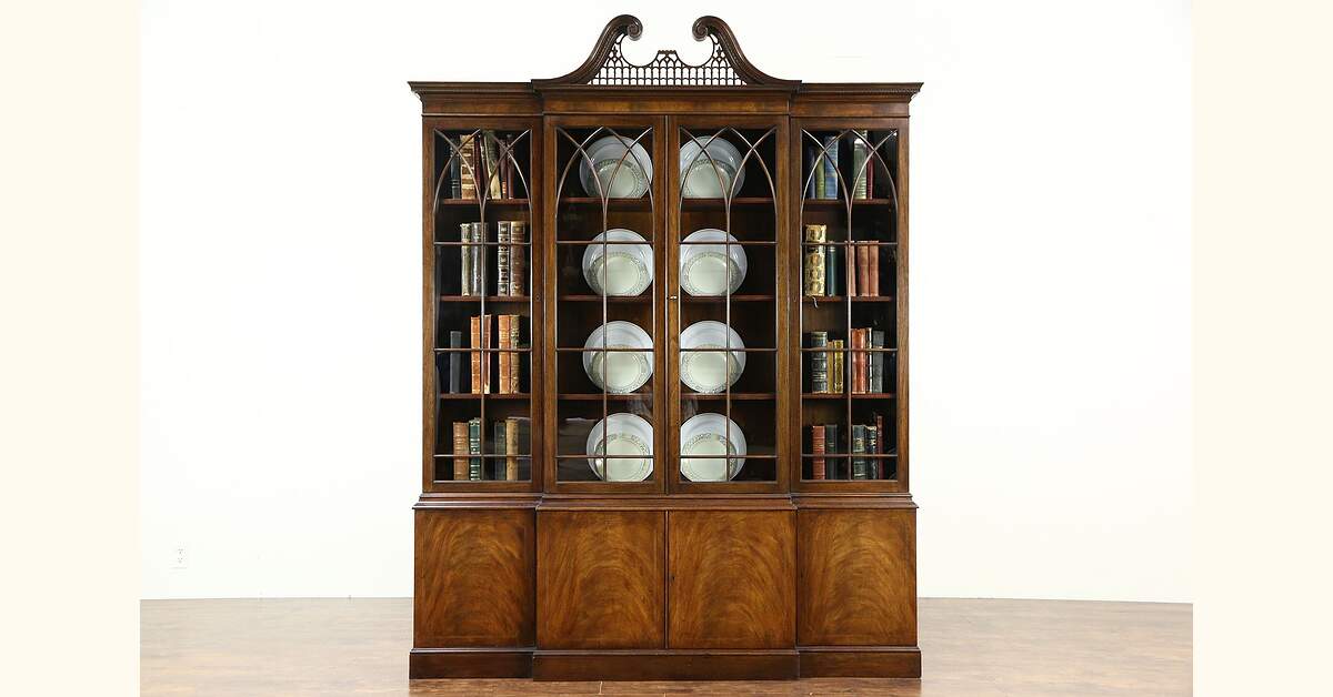 Baker Signed Vintage Georgian Breakfront China Display Cabinet or Bookcase