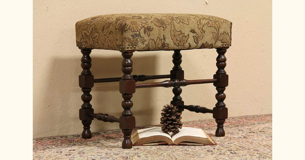 Upholstered 1920's Tudor Footstool or Bench