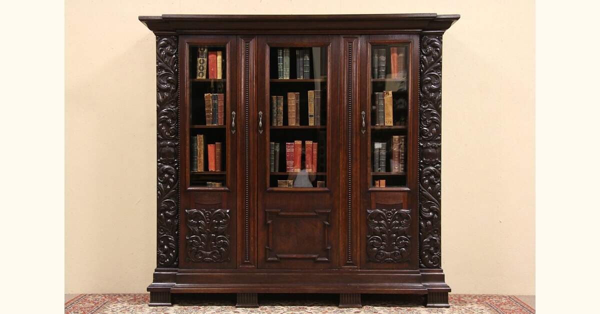Triple Hand Carved Oak 1900 Antique German Bookcase