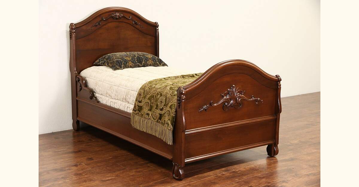 Victorian Hand Carved Walnut 1860's Antique Twin or Single Size Bed