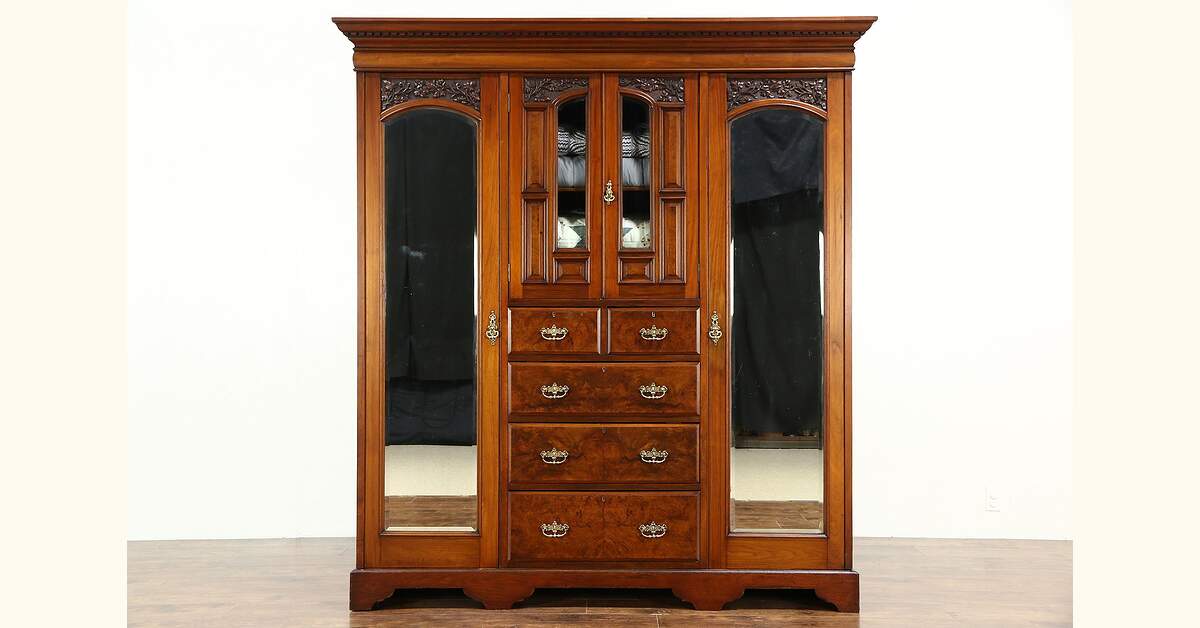 English 1895 Antique Carved Armoire, Wardrobe or Closet, Beveled Mirrors