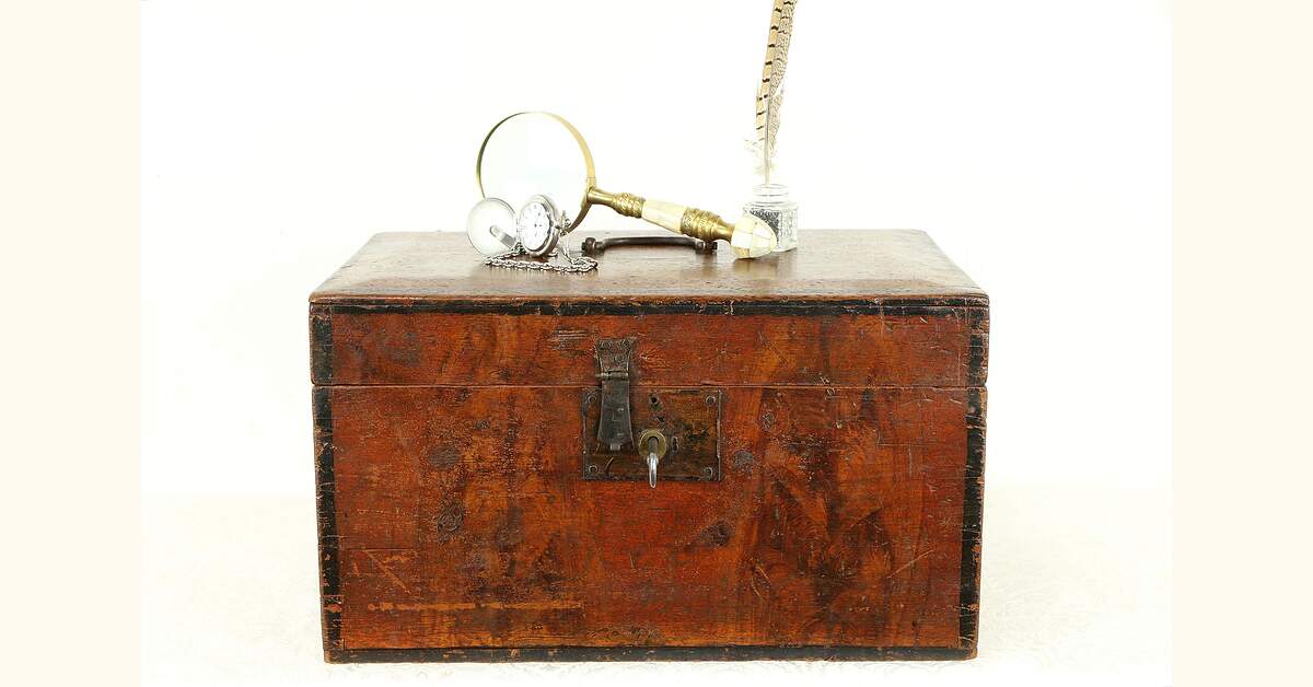 Grain Painted Pine Antique Lock Box or Document Chest, Working Key, Ohio