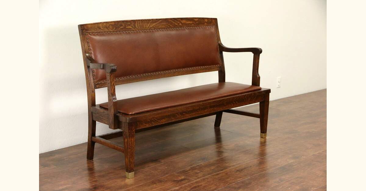 Oak & Leather Antique 1910 Bank Bench, Brass Feet