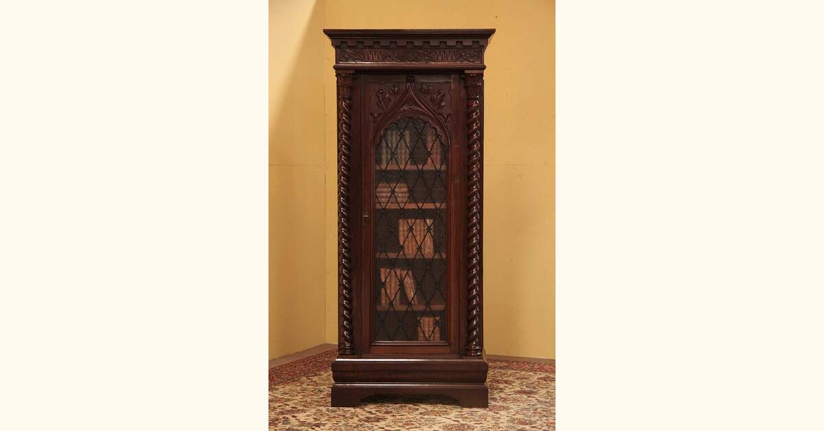 Renaissance Carved Antique Bookcase, Iron Grill Door