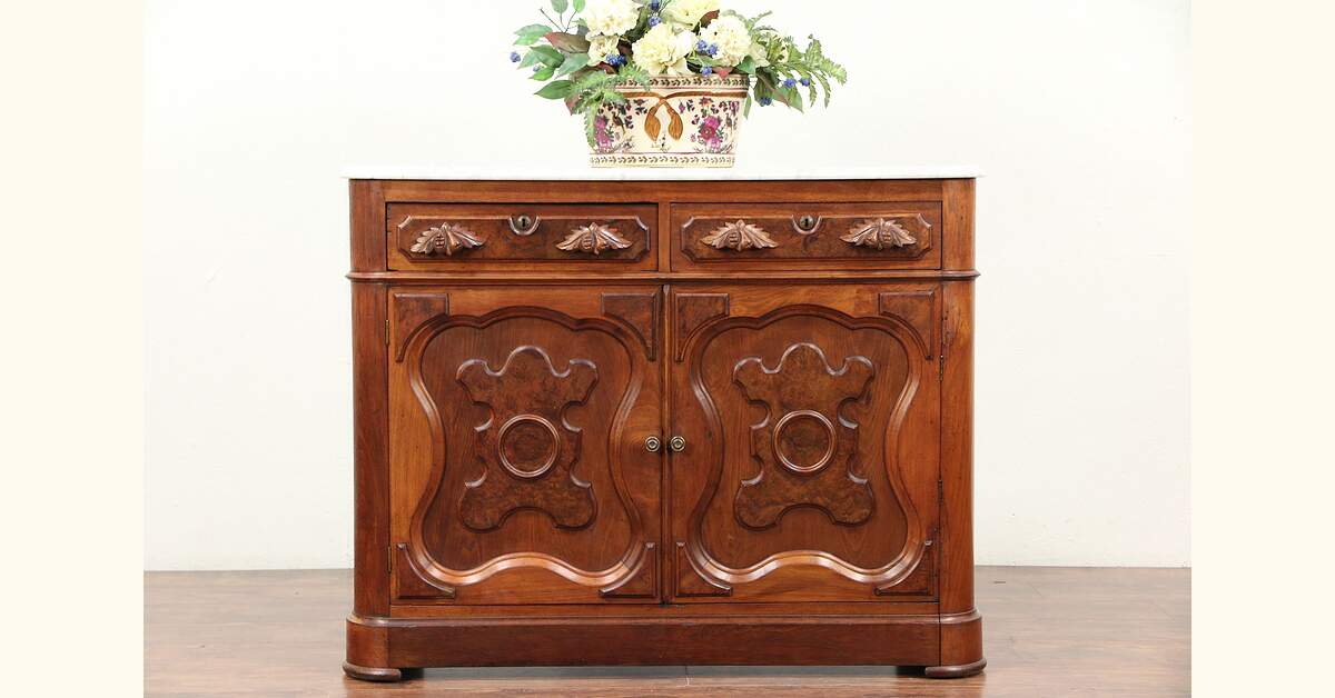 Victorian Antique Walnut Sideboard, Server, Buffet, Marble Top