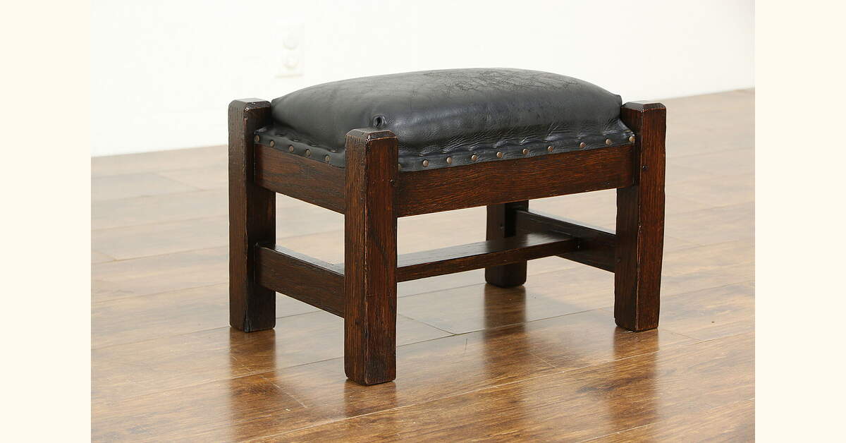 Arts & Crafts Mission Oak Antique Craftsman Footstool, Leather Upholstery